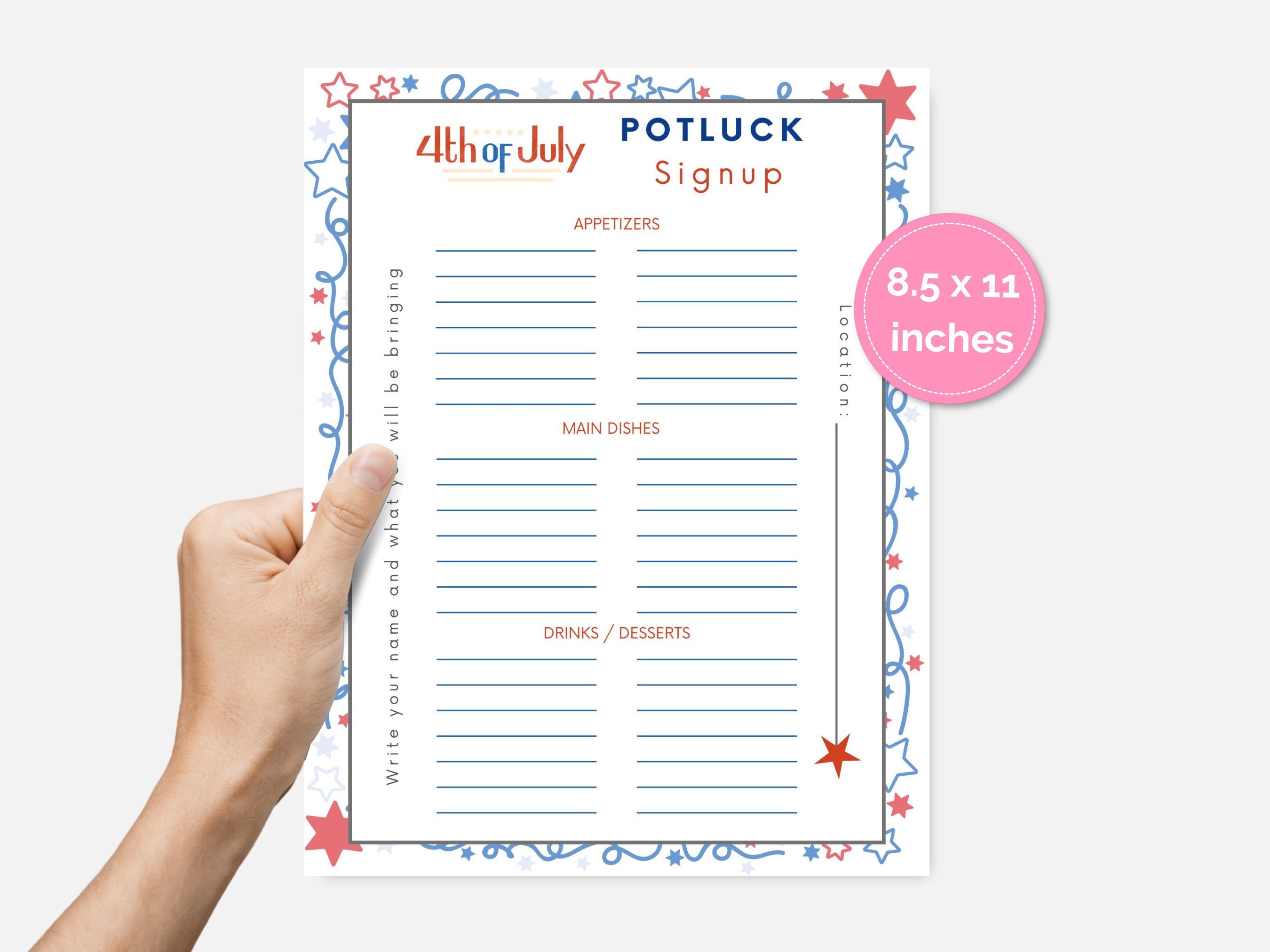4th of July Potluck Sign up Sheet, Summer Potluck Sign up Sheet ...