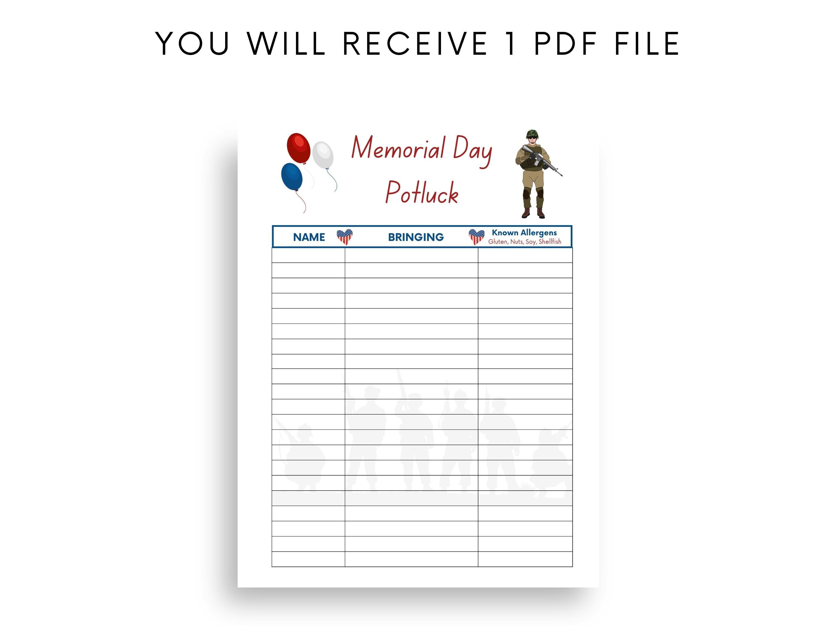 Memorial Day Potluck Sign up Sheet, BBQ Party, Potluck Party, Summer ...