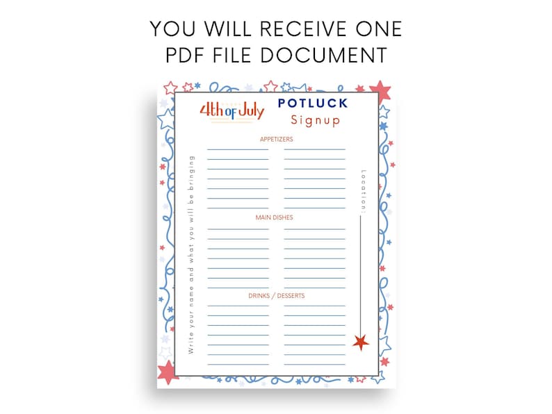 4th of July Potluck Sign up Sheet, Summer Potluck Sign up Sheet ...