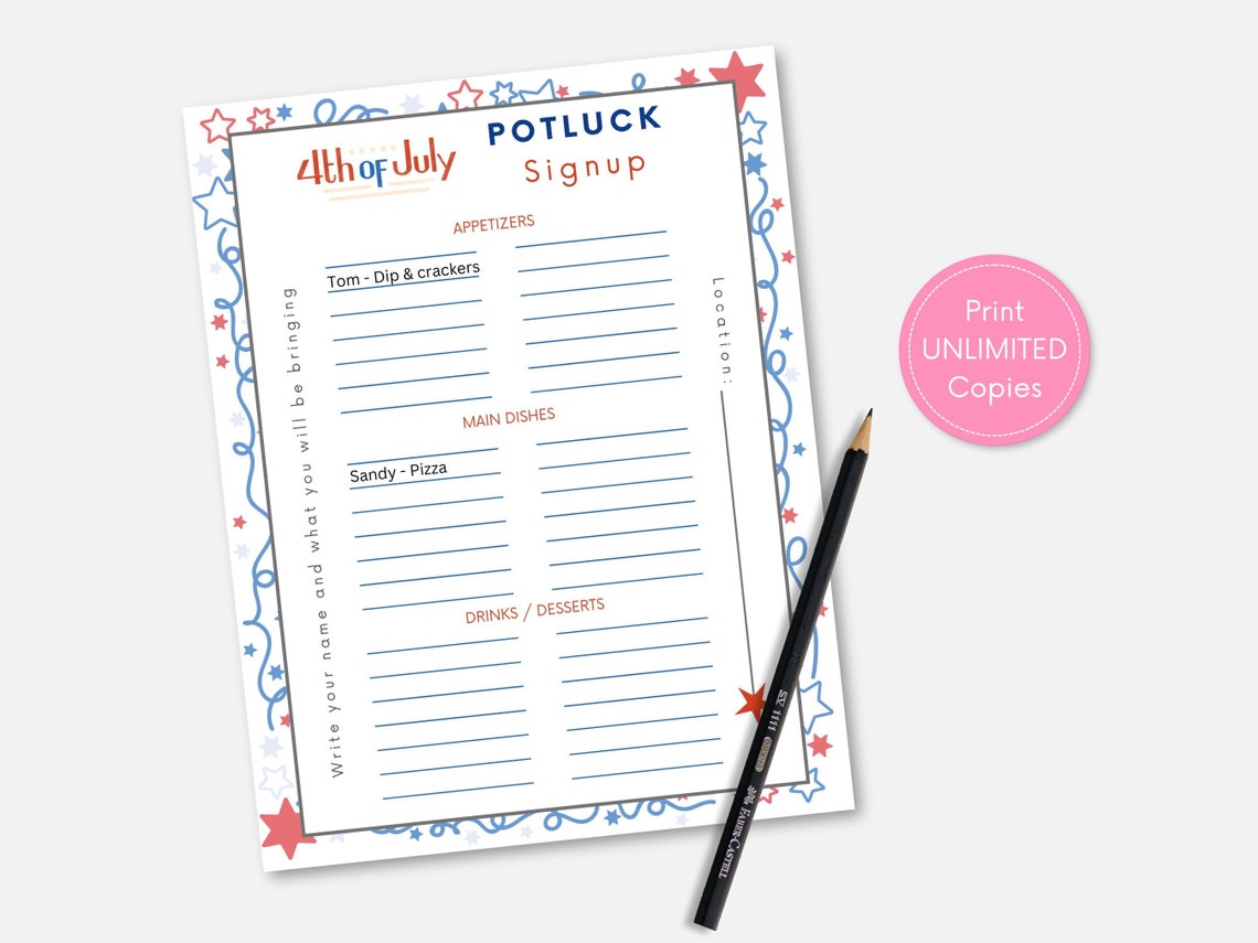 4th of July Potluck Sign up Sheet, Summer Potluck Sign up Sheet ...