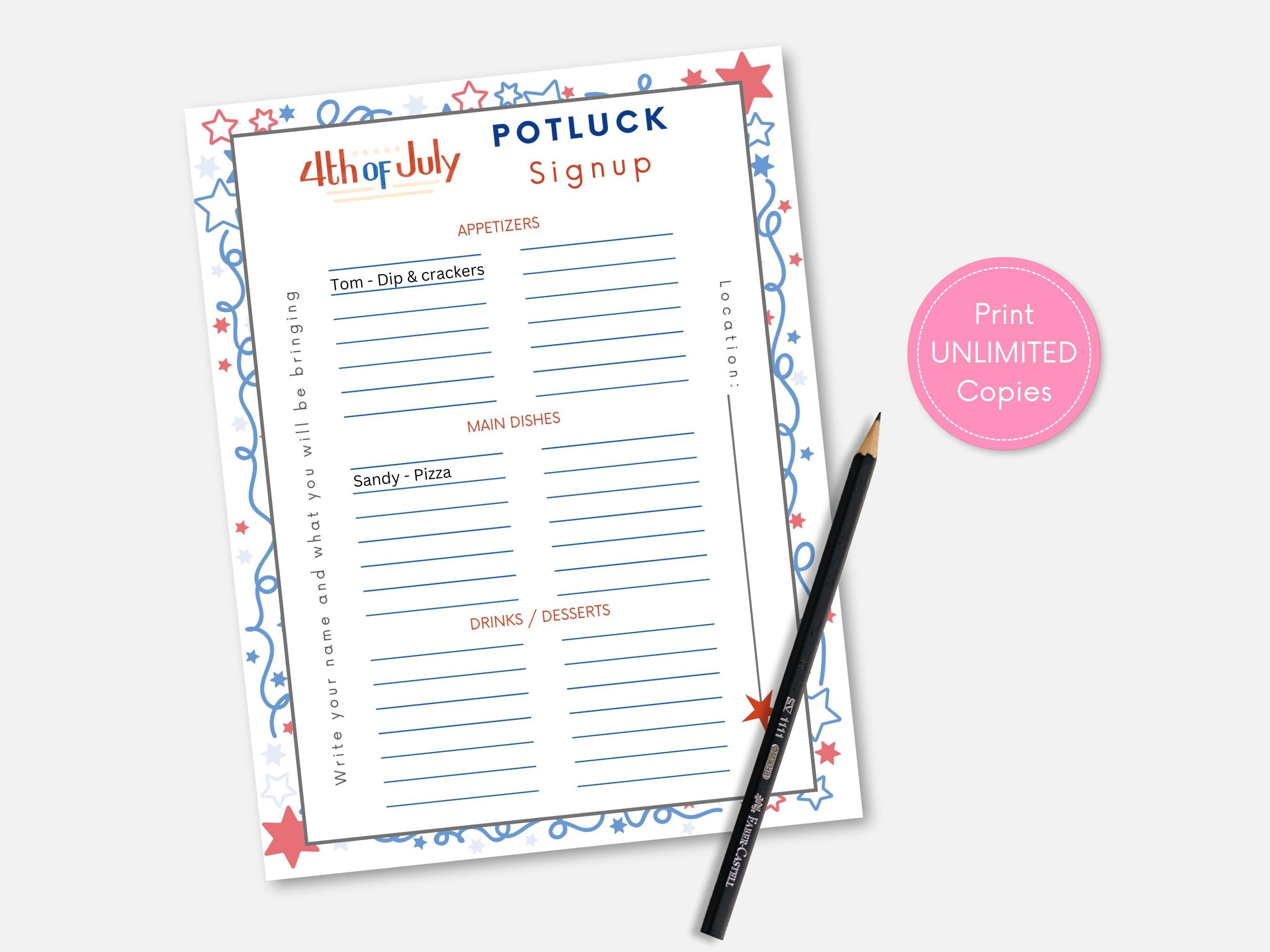 4th of July Potluck Sign up Sheet, Summer Potluck Sign up Sheet ...