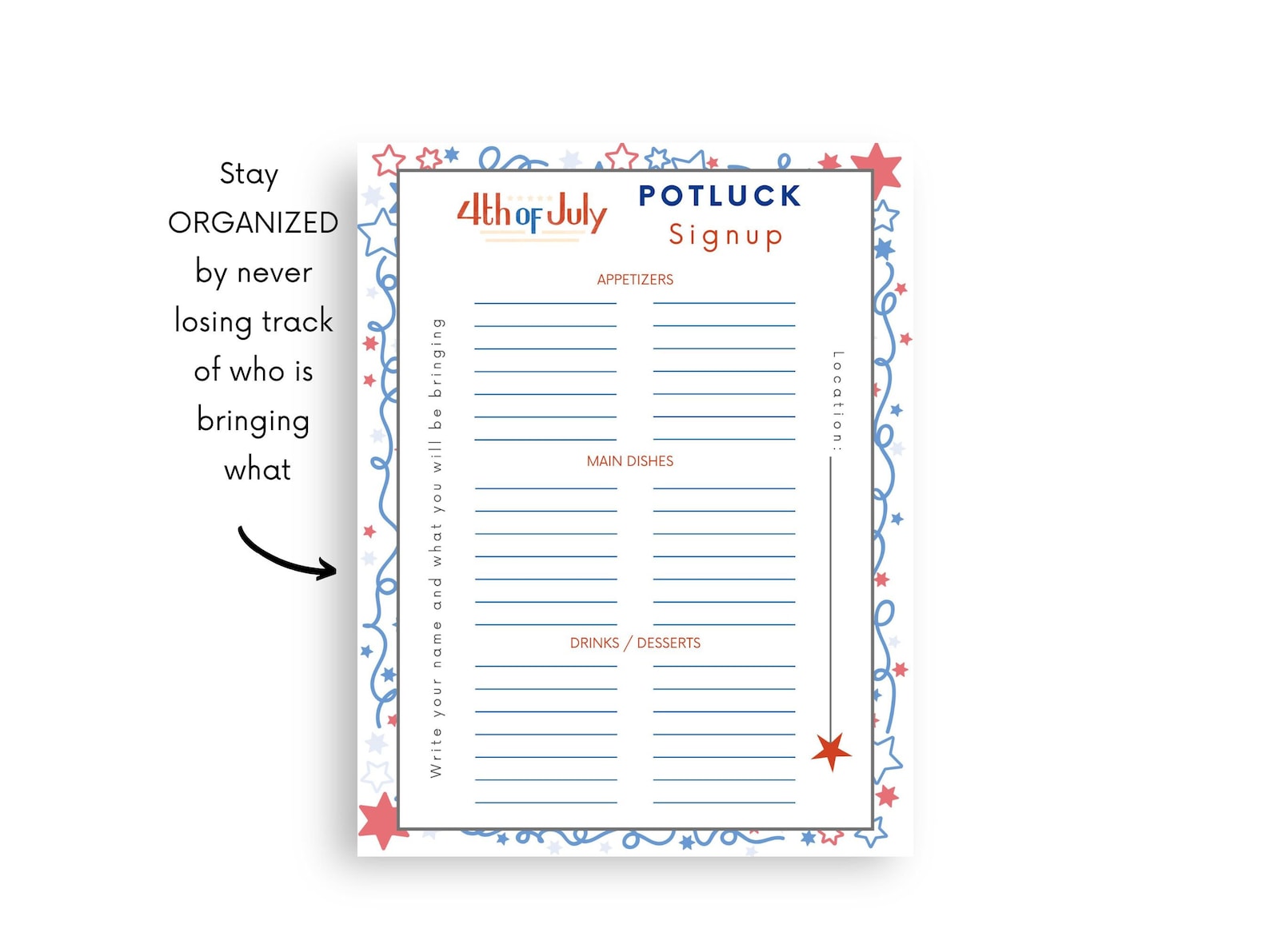 4th of July Potluck Sign up Sheet, Summer Potluck Sign up Sheet ...