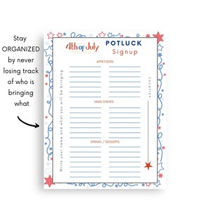 4th of July Potluck Sign up Sheet, Summer Potluck Sign up Sheet ...