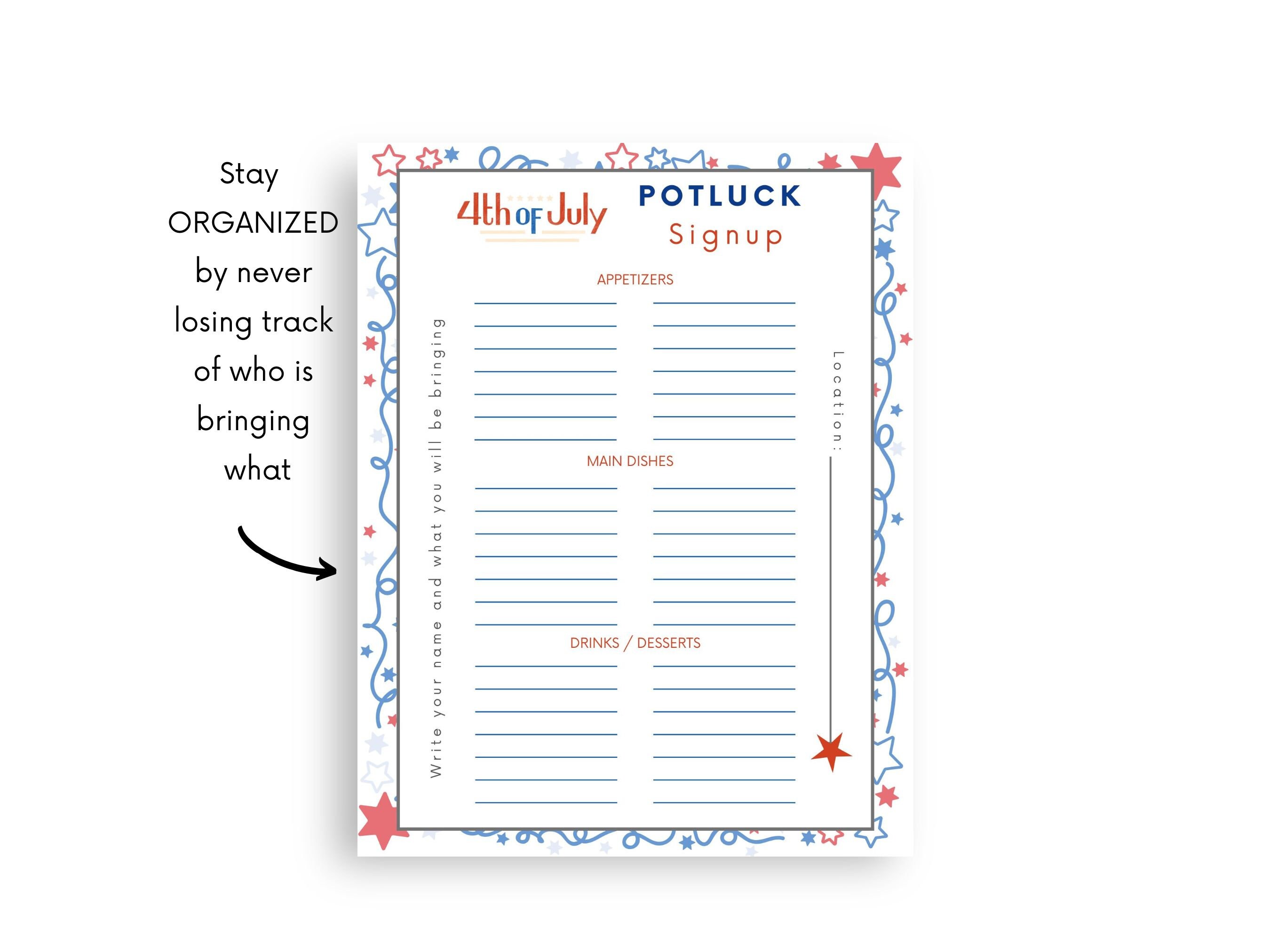 4th of July Potluck Sign up Sheet, Summer Potluck Sign up Sheet ...