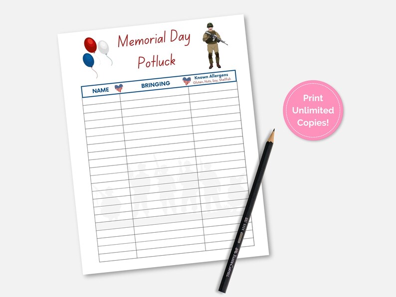 Memorial Day Potluck Sign up Sheet, BBQ Party, Potluck Party, Summer ...