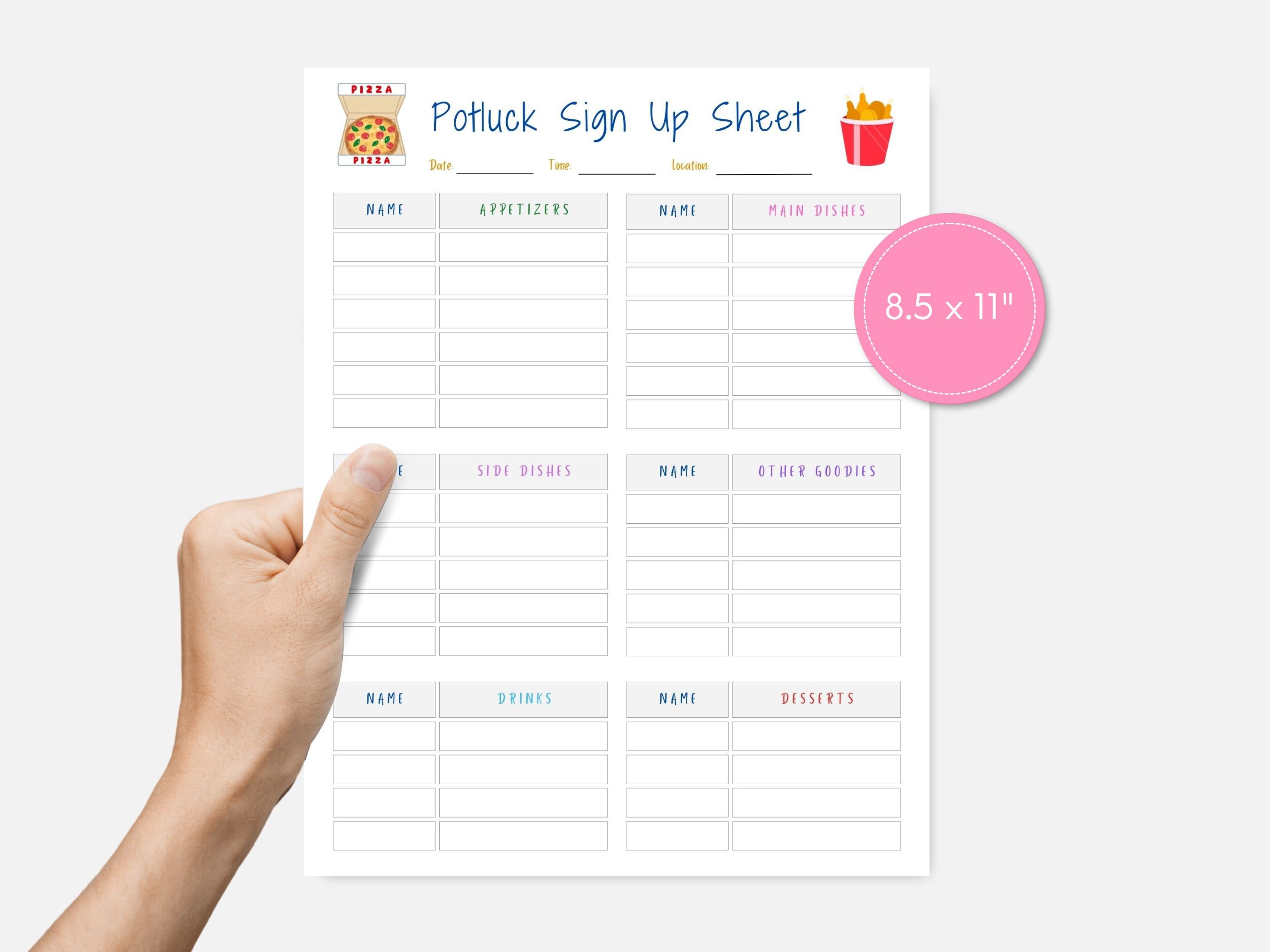 Potluck Sign up Sheet, Work Potluck Sign up Sheet, Food Sign up Sheet ...