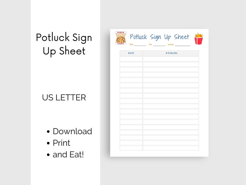 Potluck Sign up Sheet, Work Potluck Sign up Sheet, Food Sign up Sheet ...