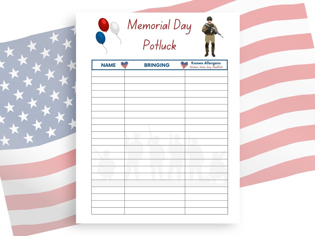 Memorial Day Potluck Sign up Sheet, BBQ Party, Potluck Party, Summer ...