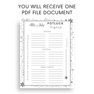GRAYSCALE 4th of July Potluck Sign up Sheet, Summer Cookout Sign up ...