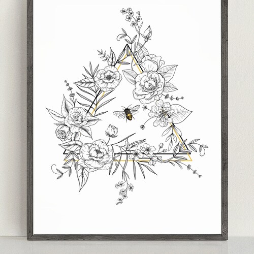 Floral Bee Triangular Botanical Illustration Art Print | Etsy