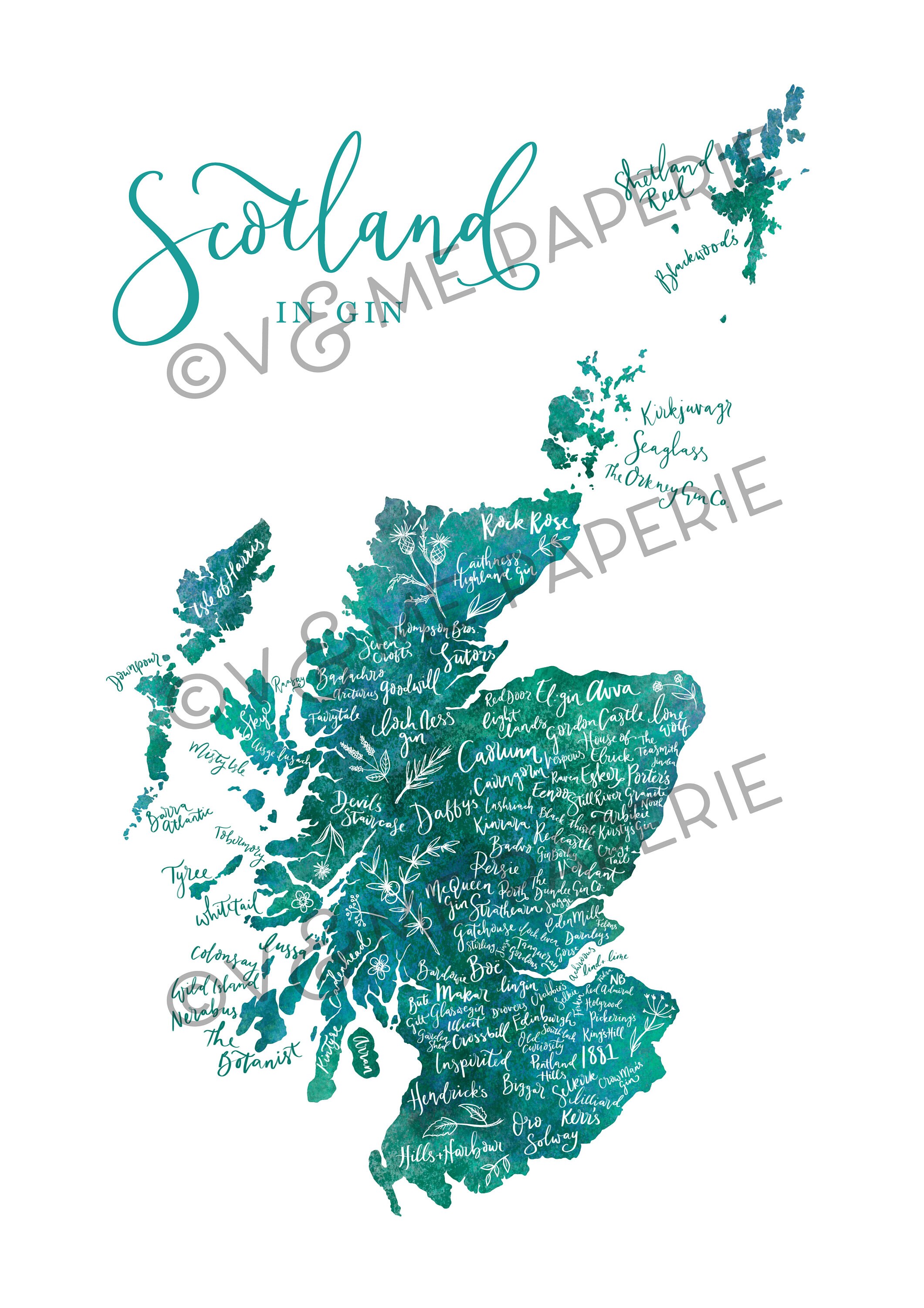 Gin Map of Scotland Scottish Gins Calligraphy Illustration - Etsy UK