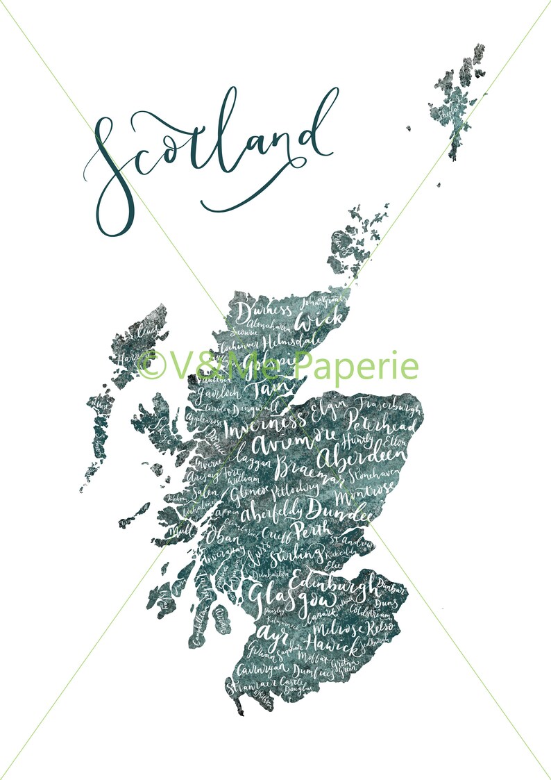Map of Scotland With Calligraphy City Town Placenames - Etsy