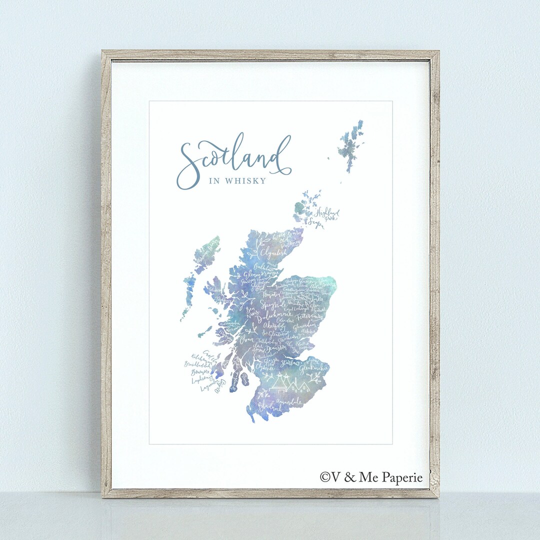 Whisky Map of Scotland - Scottish Scotch Calligraphy Illustration ...