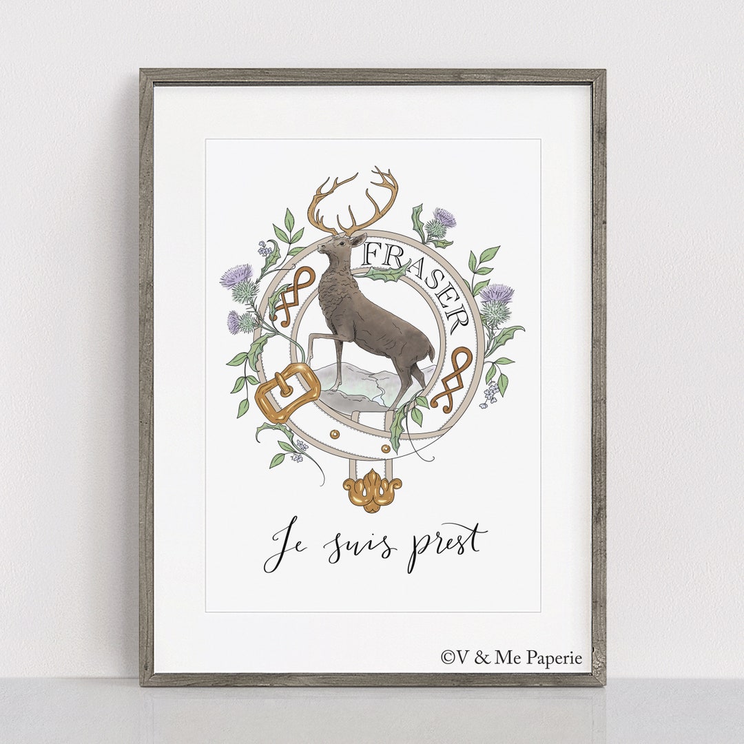 Outlander BEIGE Fraser Clan Crest Illustration With Stag Scotland ...