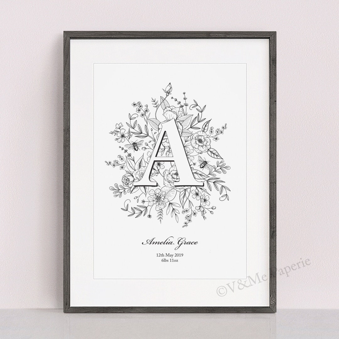 Botanical Alphabet Personalised Initial and Name - Etsy UK