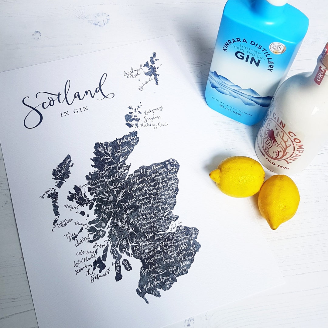 Gin Map of Scotland Scottish Gins Calligraphy Illustration Distillery ...