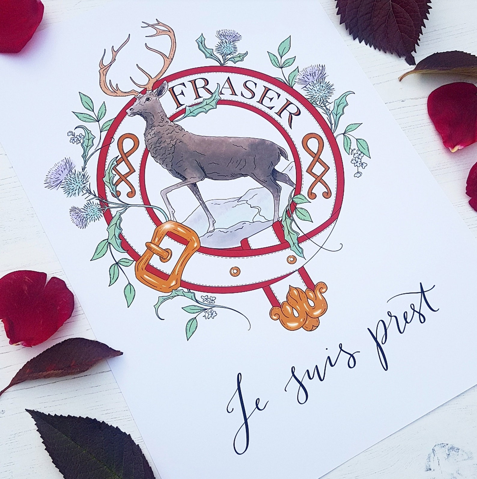 Outlander BEIGE Fraser Clan Crest Illustration With Stag - Etsy
