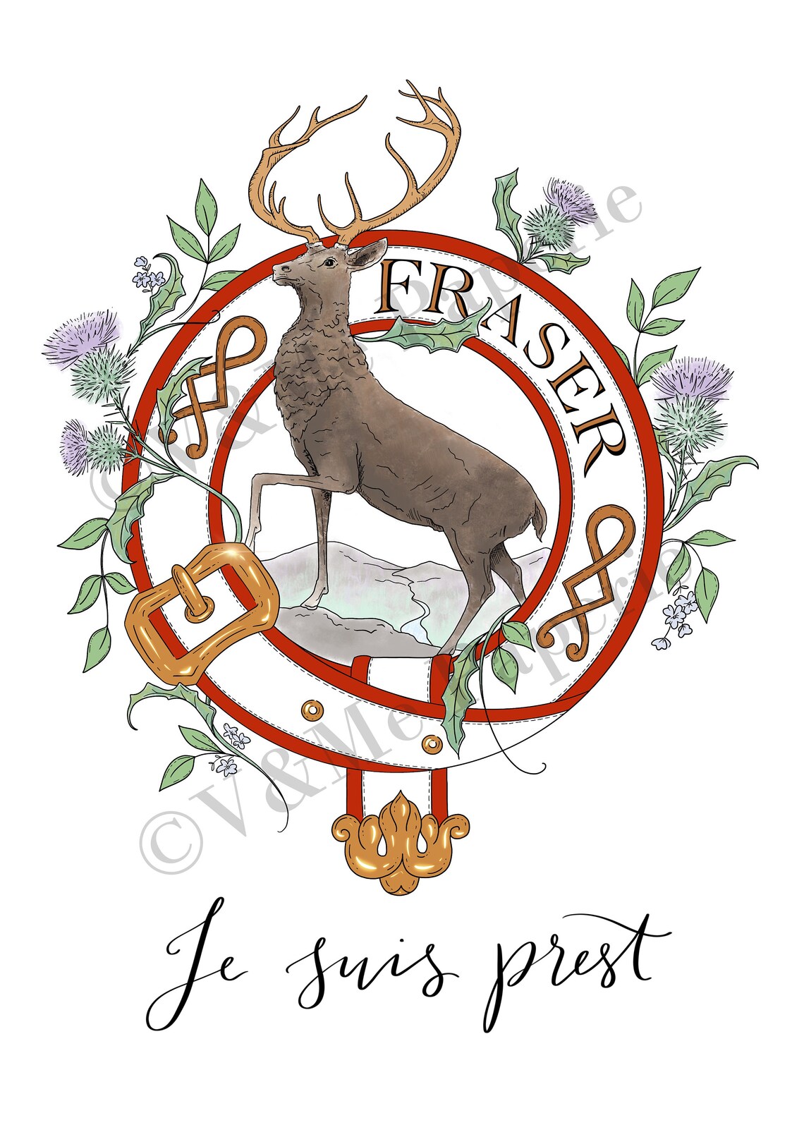 Outlander RED Fraser Clan Crest Illustration mit Hirsch - Etsy.de