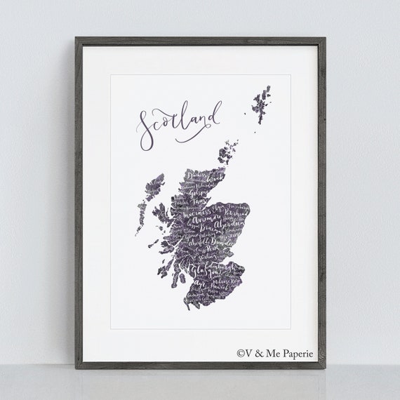 Map of Scotland With Calligraphy City Town Placenames - Etsy