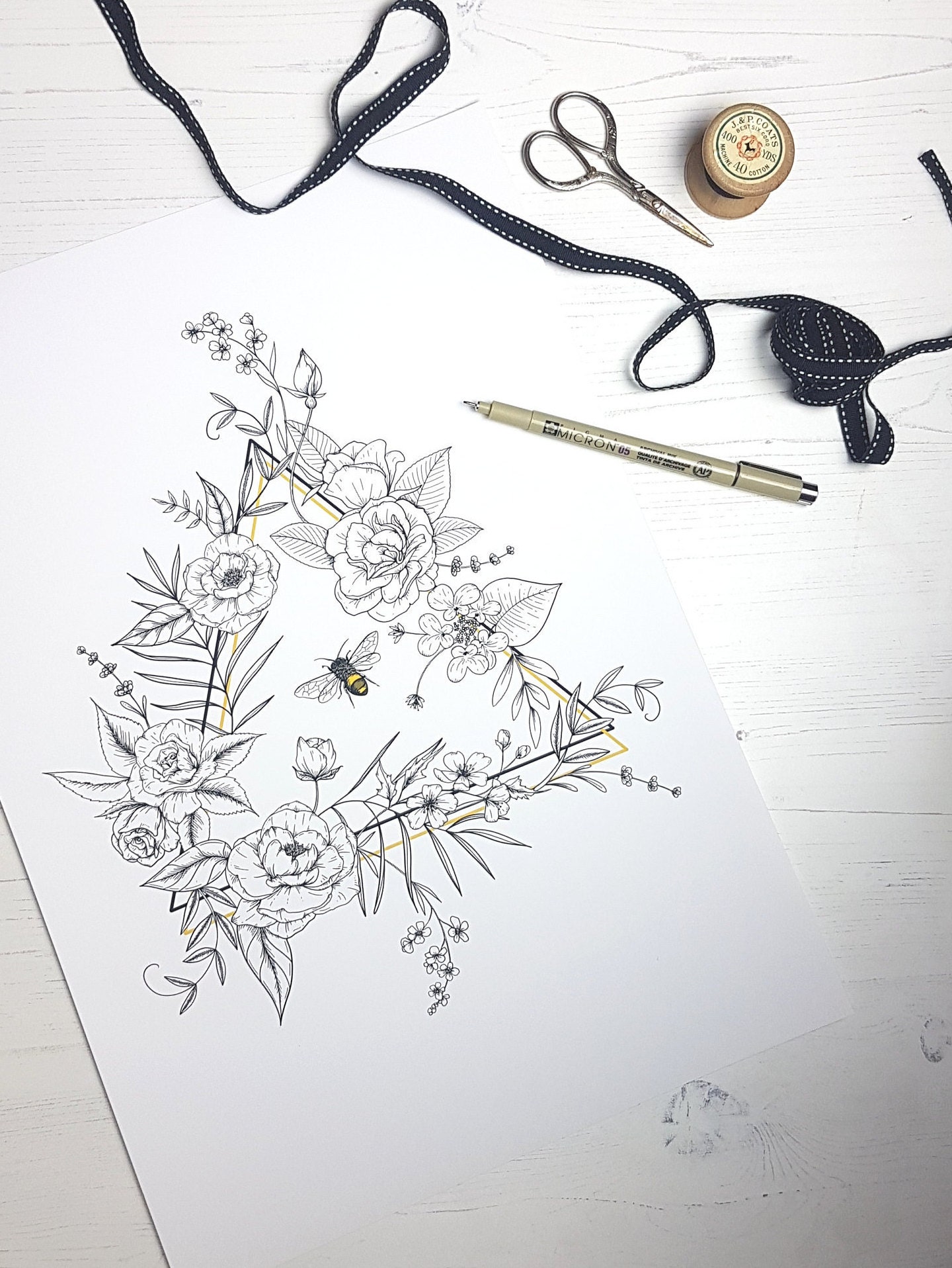 Floral Bee Triangular Botanical Illustration Art Print | Etsy