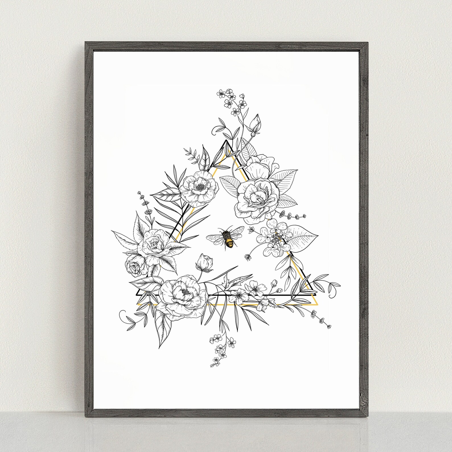 Floral Bee Triangular Botanical Illustration Art Print | Etsy