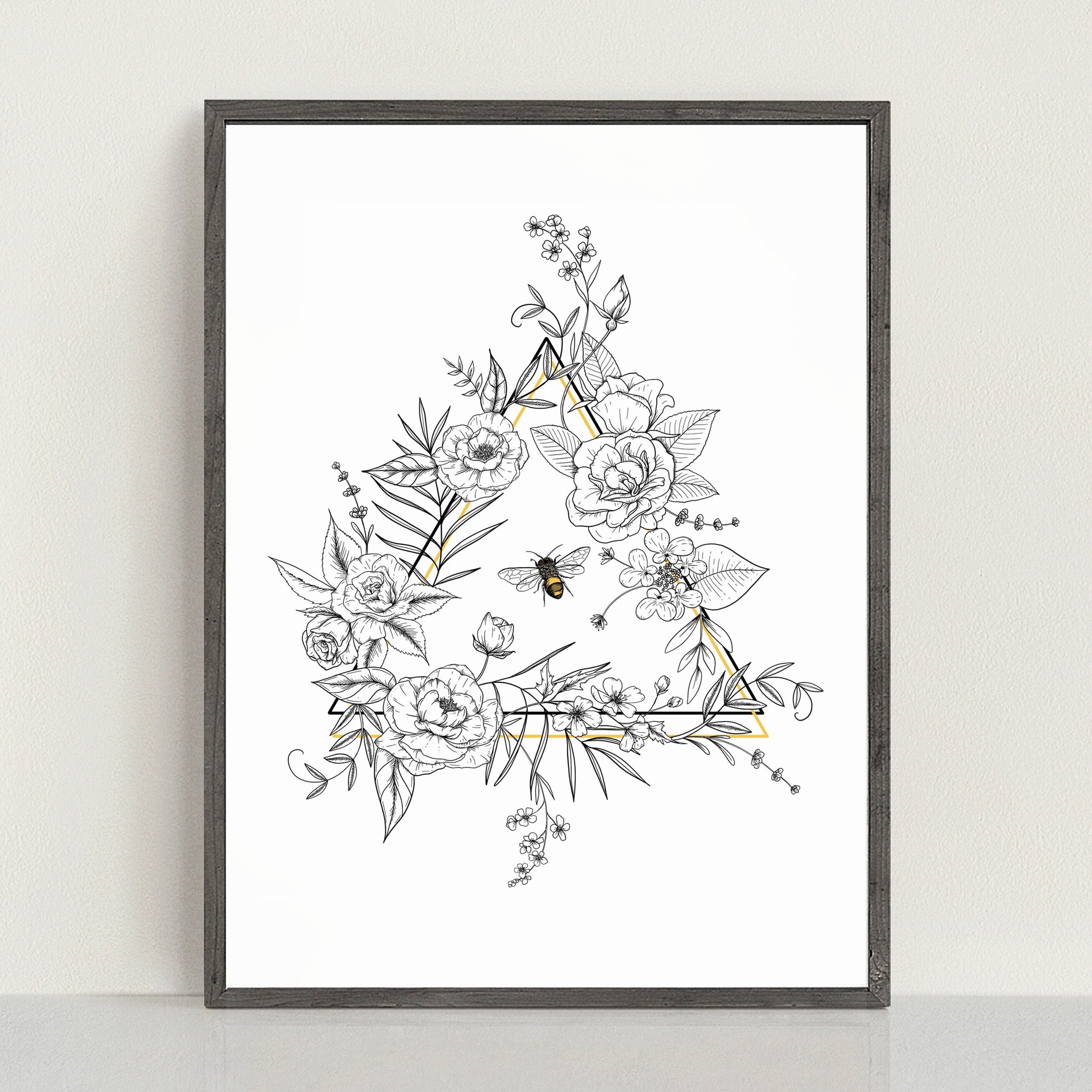Floral Bee Triangular Botanical Illustration Art Print | Etsy