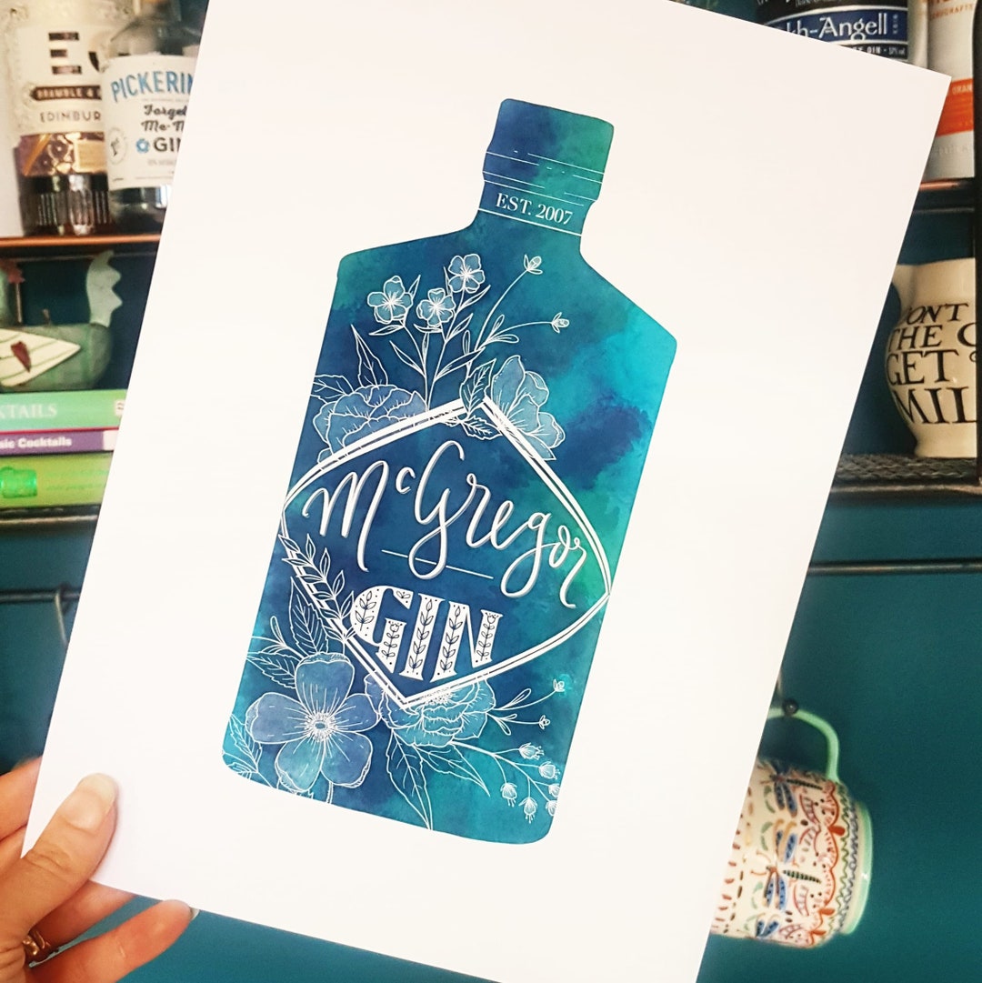 Botella de ginebra PERSONALIZADA Ilustración botánica floral Art Print ...