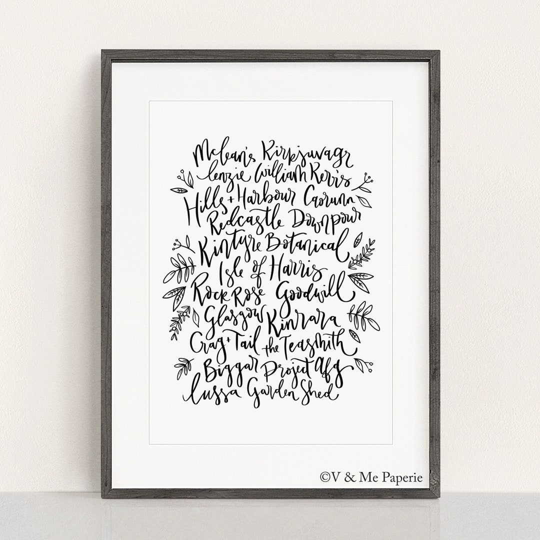 Scottish Gins Top 20 Calligraphy Lettering Gin Kitchen Bar Art Print ...