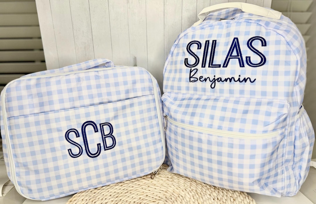 Personalized Blue Gingham Backpack and Lunchbox, Monogrammed Nylon Set ...