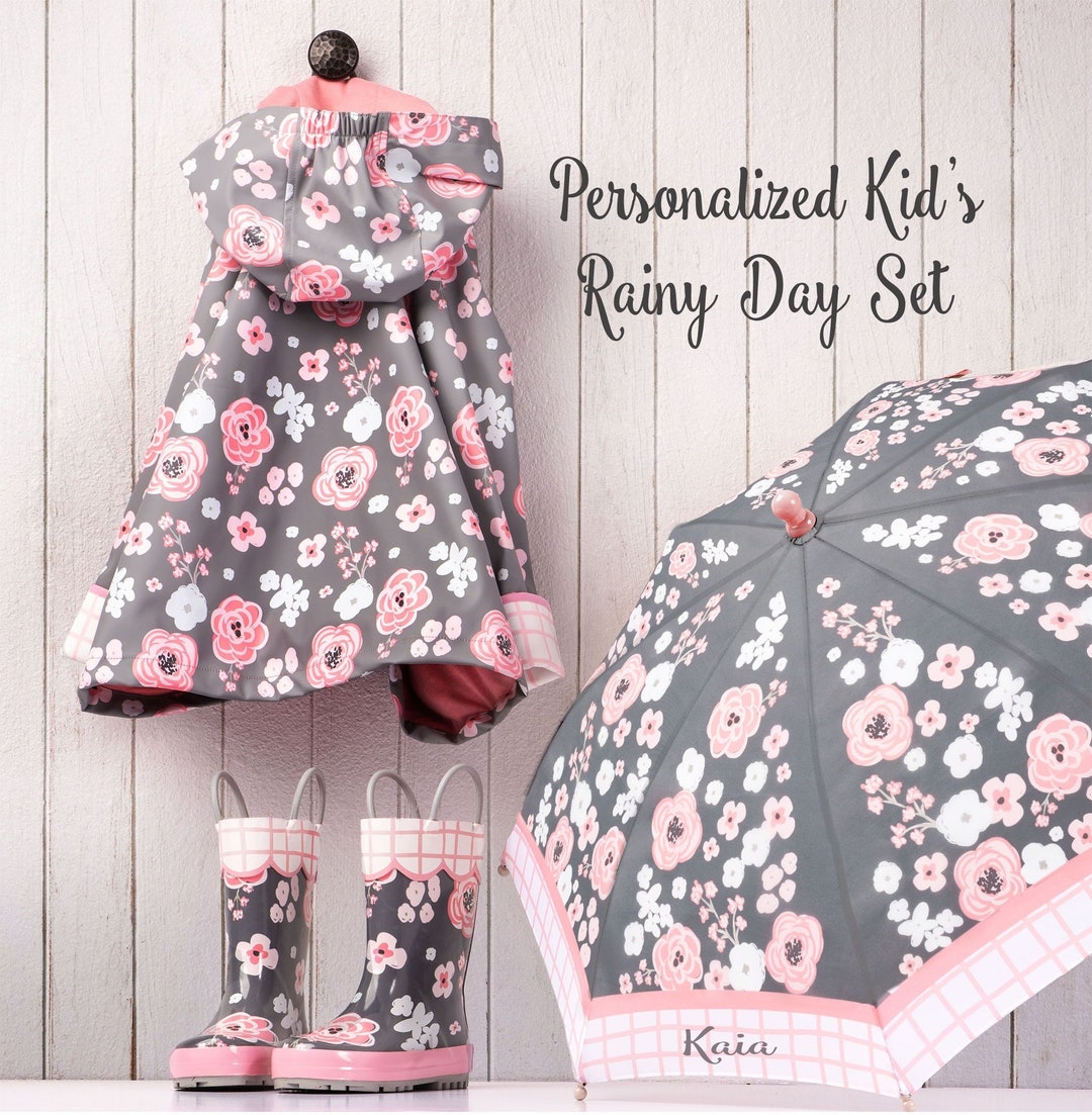 Girls' Flower Raincoat Set: Personalized Kids Rain Jacket, Boots ...