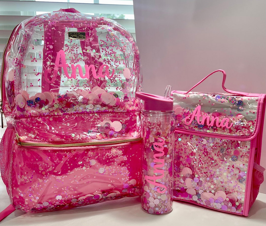 Personalized Pink Party Clear Confetti Backpack, Lunchbox & Water ...