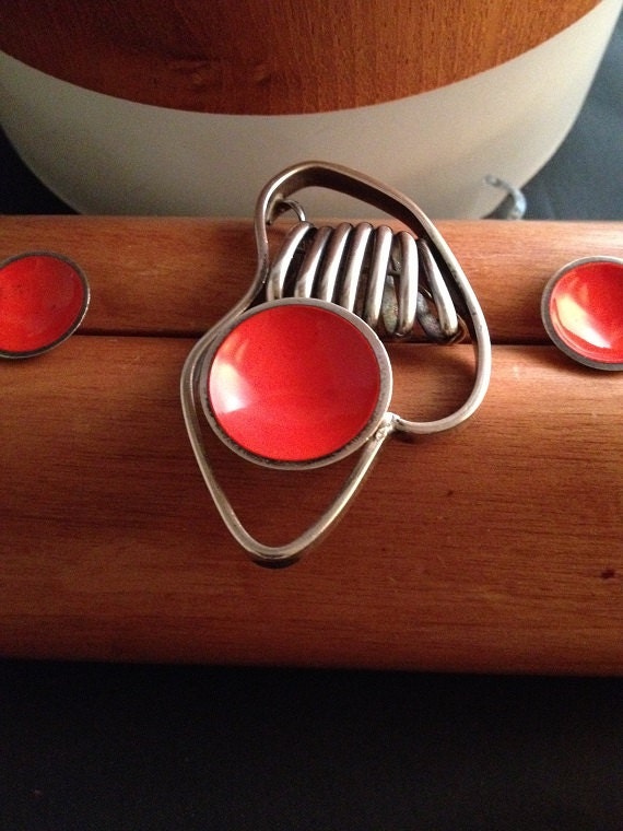 SIGNED Maxwell Chayat Sterling Silver and Enamel Brooch & Earring Set ...