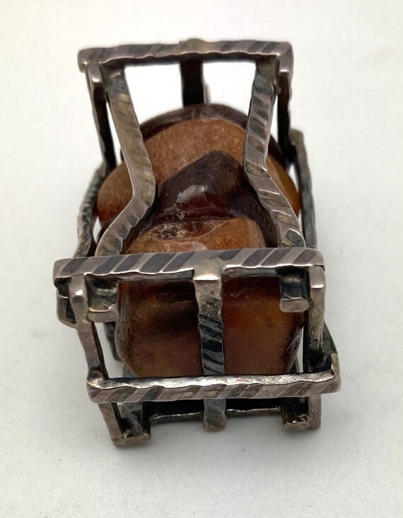 Brutalist Mid-Century Modern Amber Stack Sterling Sil… - Gem