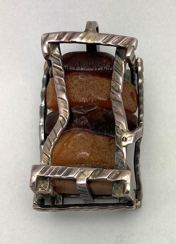 Brutalist Mid-Century Modern Amber Stack Sterling Sil… - Gem