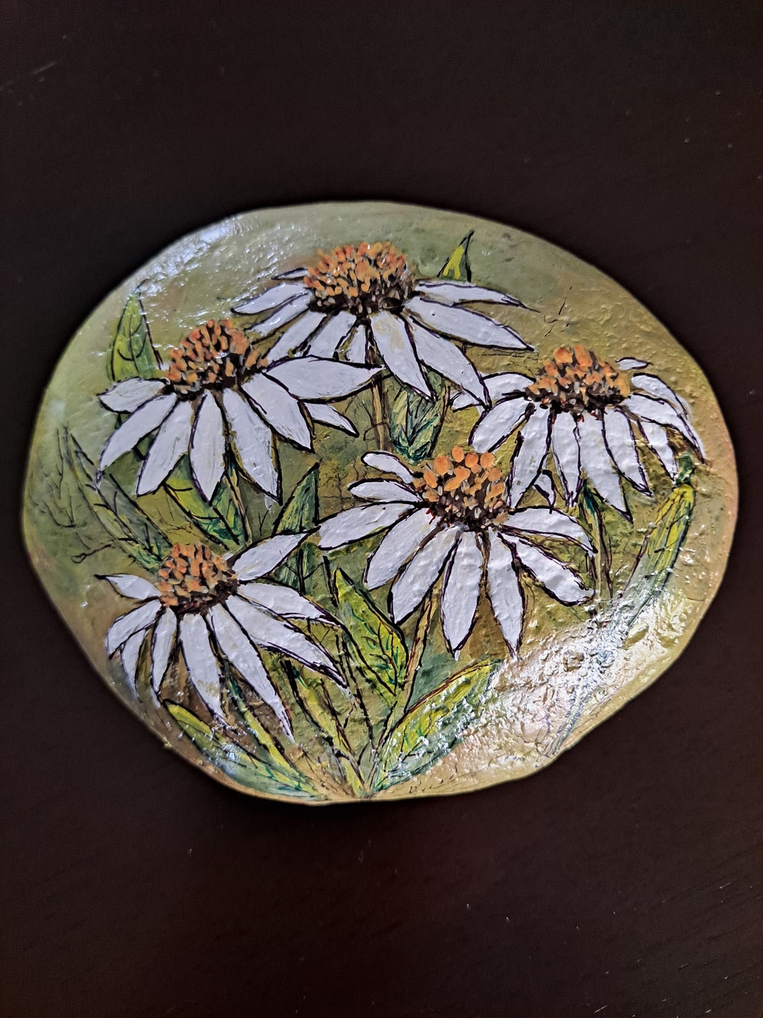 Rock Painted With White Daisies, Stone Art Piece, Decorative Rocks ...
