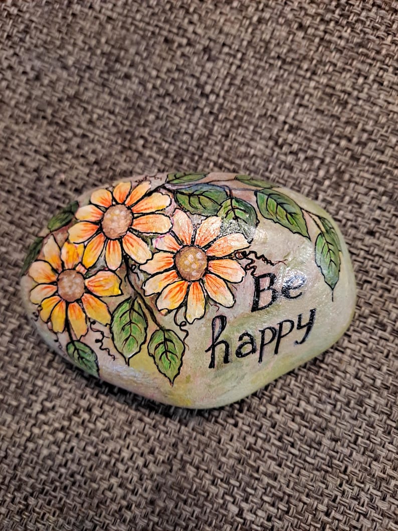 Be Happy Sign on Rock, Decorative Rock for Home Decor, Flower Painting ...