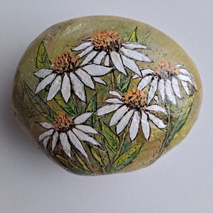 Rock Painted With White Daisies, Stone Art Piece, Decorative Rocks ...