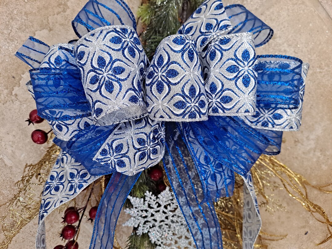 Silver Stars and Royal Blue Christmas Bow, Tree Holiday Bows, Staircase ...