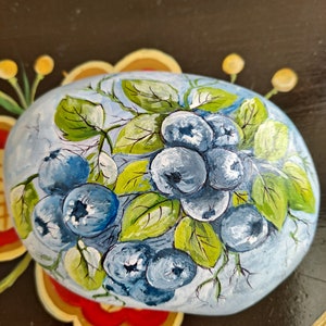 Rock Art, Hand Painted Rock, Blueberry Painting on Rock, Decorative ...