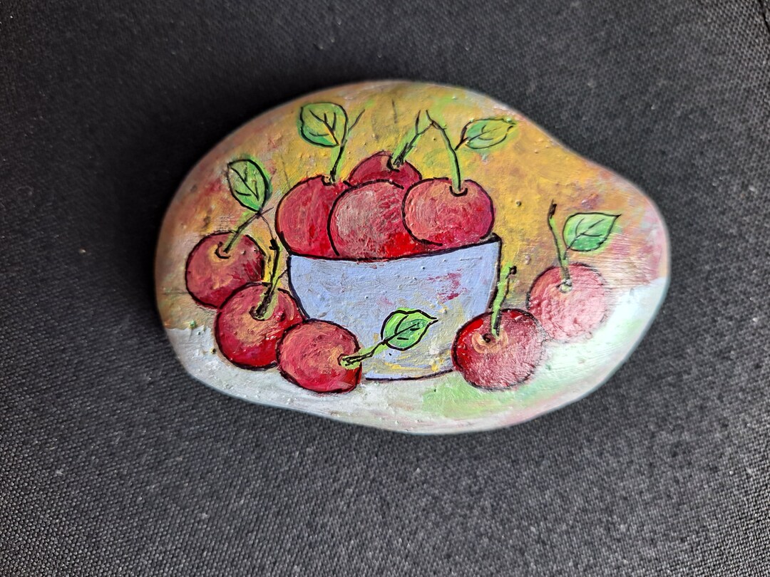 Painted A Bowl of Cherries on Natural Rock, Stone Painting, Fruit ...