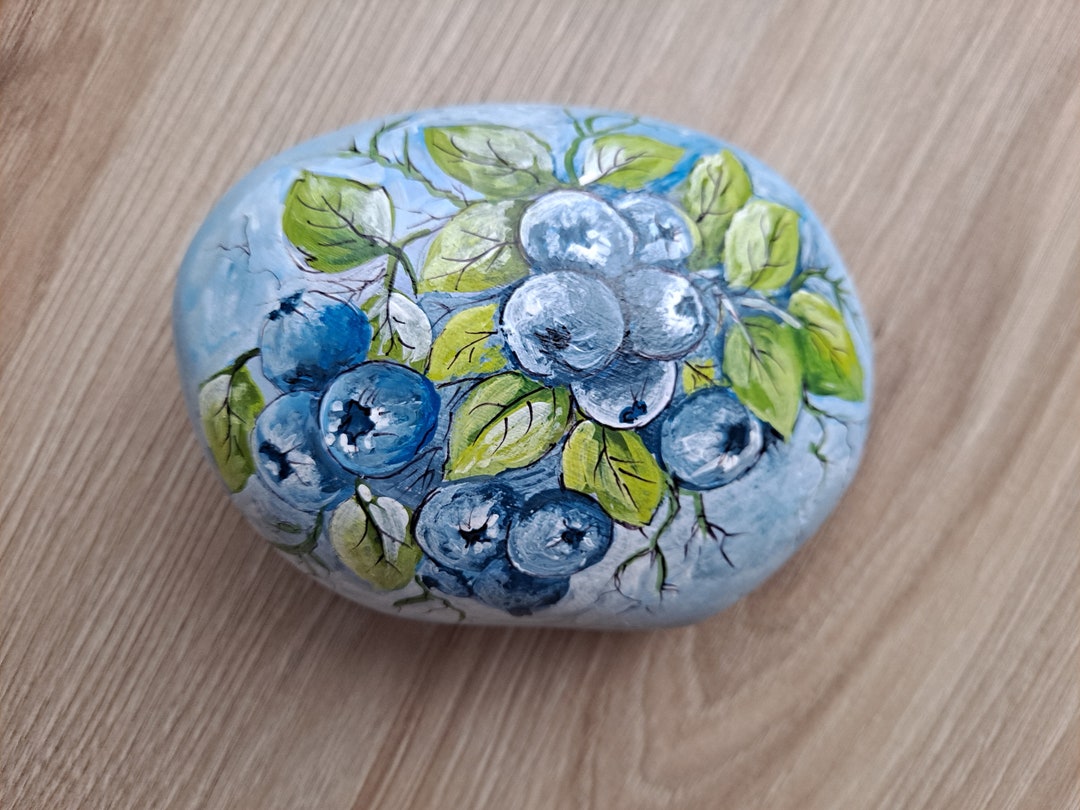 Rock Art, Hand Painted Rock, Blueberry Painting on Rock, Decorative ...