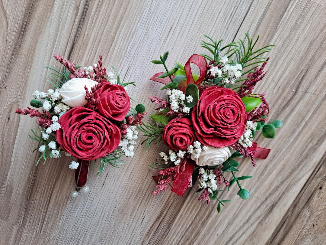 Red and White Wedding Wrist Corsage, Prom Pin on Boutonniere With Red ...