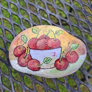 Painted A Bowl of Cherries on Natural Rock, Stone Painting, Fruit ...