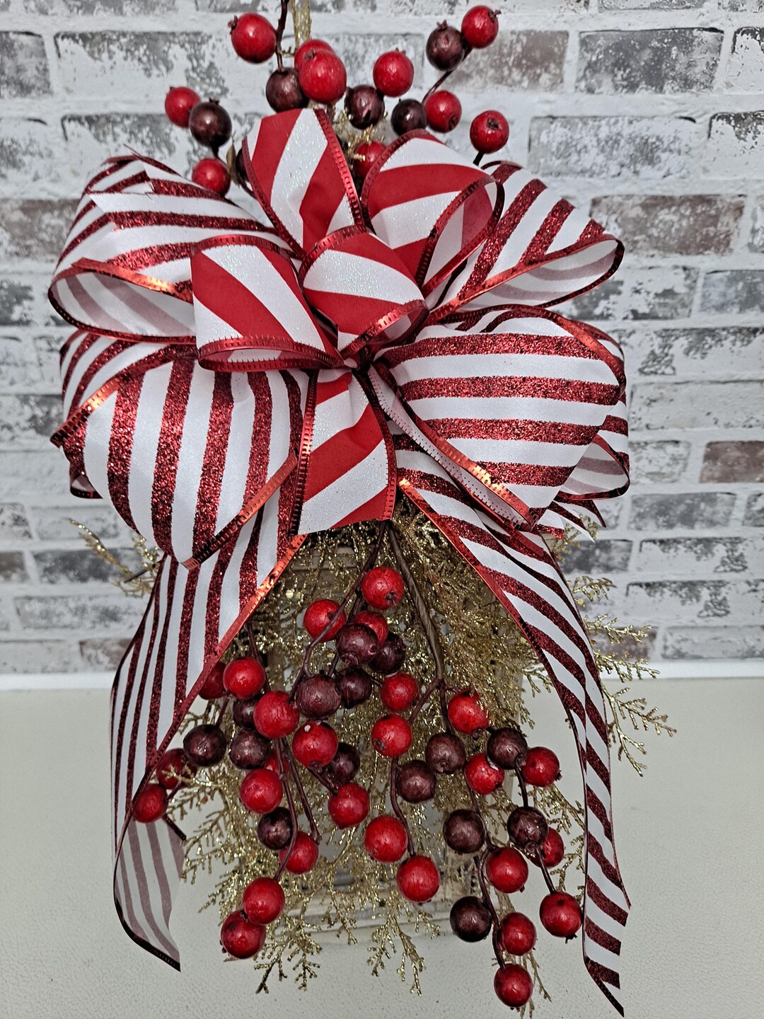 Red Glittered Christmas Bow, Candy Cane Holiday Tree Bow - Etsy