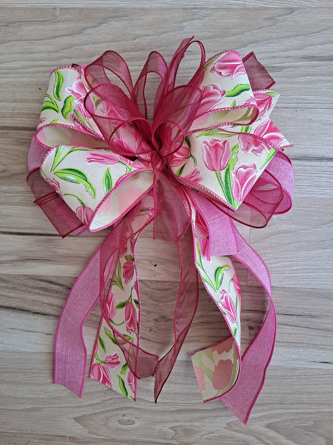Pink Tulip Bow, Spring Bow, Colorful Bows for Door Decor, Wreath Floral ...
