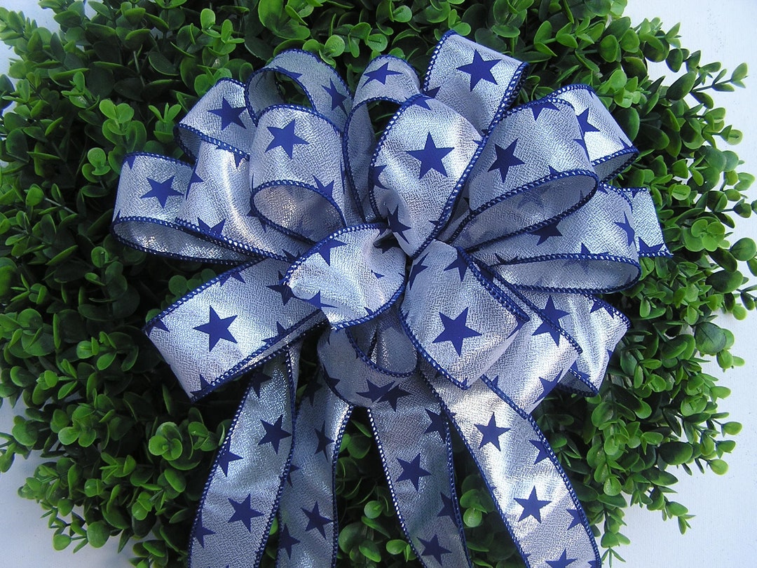 Royal Blue Star Bow, Wired Silver Ribbon, Wreath Decor - Etsy