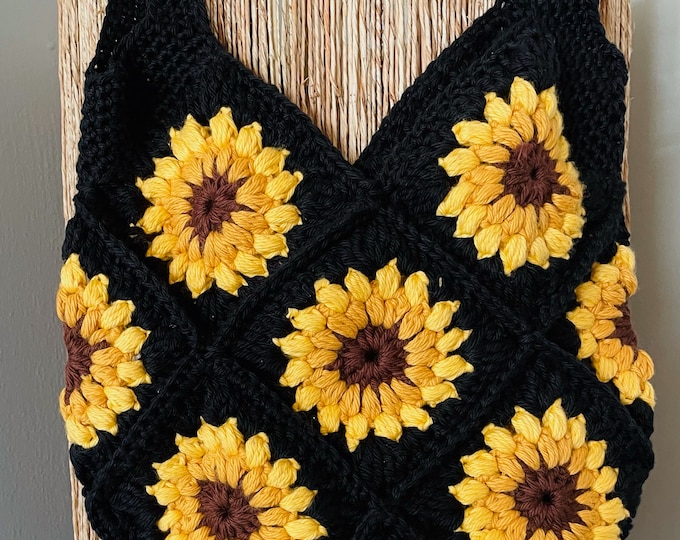 Sunflower Market Granny Square Tote Travel Bag Crochet Bag With ...
