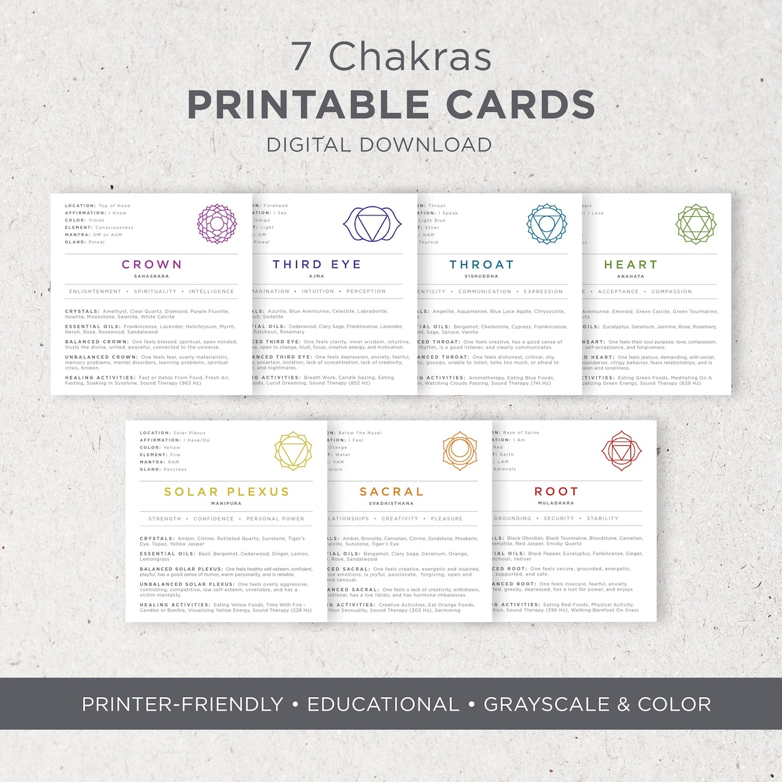 Printable Chakra Cards Set: Modern Meditation & Yoga Flashcards ...