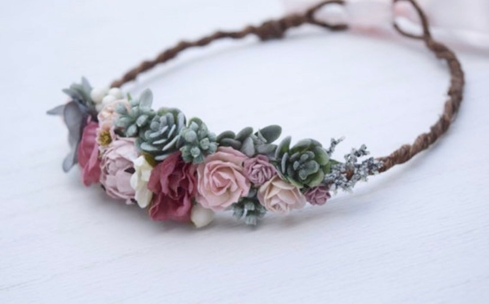 Dainty Flower Crown Dusty Blue & Rose Flower Crown Succulent Flower ...