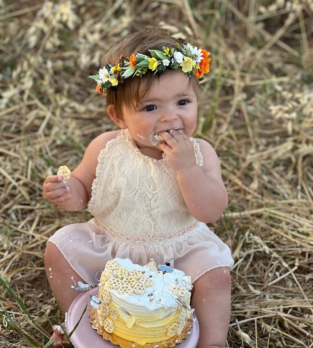 Bumblebee Flower Crown - Marigold Flower Girl Crown - Cake Smash Photos ...